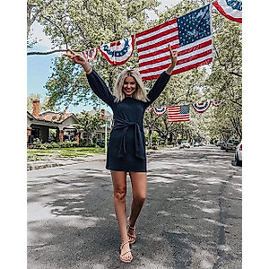 PRETTYGARDEN Women's Elegant Long Lantern Sleeve Short Dress Crewneck Tie Waist Knit Cocktail Dress(Navy,X-Large)