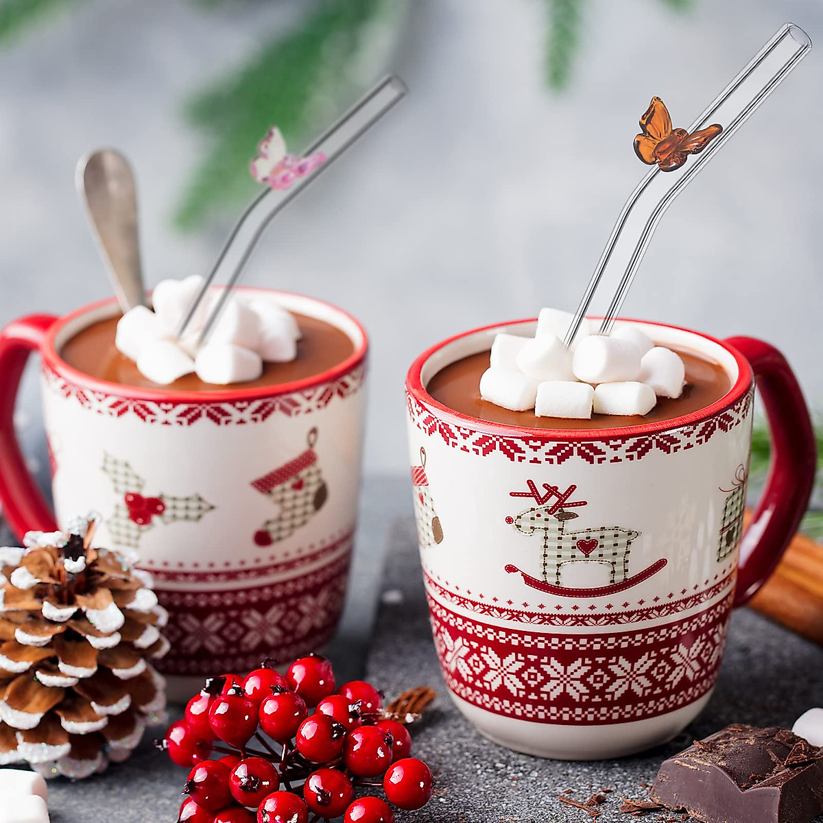 8 Pcs Glass Straws with Butterflies 8 mm x 7.9 Reusable Glass Straws Colorful Glass Butterfly Straws Shatter Resistant Bent Drinking Straws with 2 Cleaning Brushes for Smoothie Juice Beverages