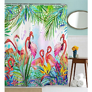 Mimihome Flamingo Shower Curtain, Flamingos Leaves Waterproof Fabric Bathroom Shower Curtains, 72W by 72H