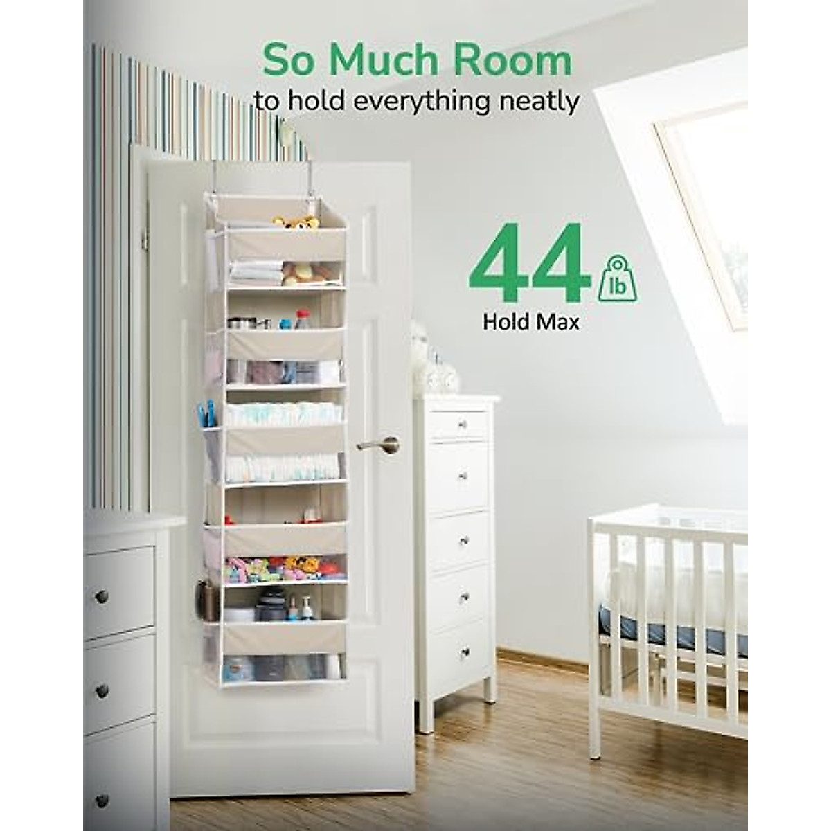 ULG 1-Pack Over Door Organizer with 5 Large Pockets 10 Mesh Side Pockets, 44 lbs Weight Capacity Hanging Storage Organizer with Clear Window for Bedroom Bathroom Kitchen, RV, Camper, Beige