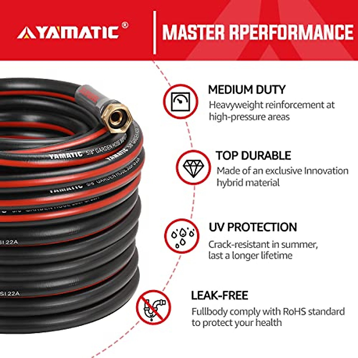 YAMATIC Garden Hose 75 ft,Ultra Durable Water hose, 5/8 inch Regular Hose with Solid Brass Connector for All-weather Outdoor, Car wash, Lawn, Black