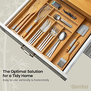 Bomba Bamboo Drawer Organizer – Premium Expandable Drawer Organizer for Cutlery and Kitchen Utensils – Natural Bamboo Wood Flatware and Cutlery Organizer – 8-Grid Silverware Tray for Drawer