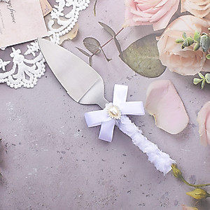 ATAILOVE Wedding Cake Knife and Server Set, White Lace Stainless Steel Cake Knife Serveing, Wedding Knife Set for Bride and Groom