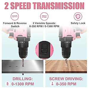 COMOWARE Cordless Drill Set, 20V Power Drill, Pink Drill Set for Women, 1 Battery & Charger, 3/8" Keyless Chuck, 2 Variable Speed, 266 In-lb Torque, 25+1 Position, with Pink Storage Bag