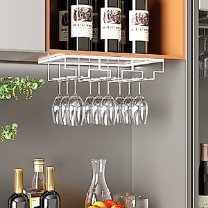 C&AHOME 3-Row Wine Glass Rack, Under Cabinet Stemware Rack, Wine Glasses Holder Storage Hanger, Metal Glass Organizer for Kitchen, Cabinet, Bar, 11.8" L × 9" W × 2.4" H White UWG3R1W