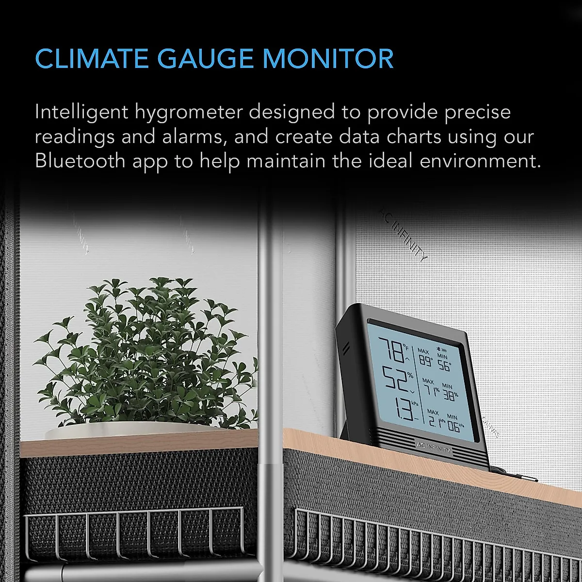AC Infinity CLOUDCOM B1, Temperature Humidity VPD Smart Hygrometer with LCD Display & Bluetooth App Monitor, Climate Gauge Thermometer Sensor Probe for Basements, Guitar Rooms, Grow Tents, Greenhouses