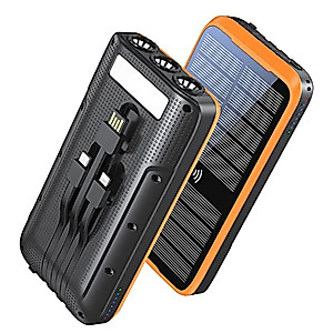 Solar-Charger-Power-Bank - Portable Charger,43800mAh Qc3.0 Fast Charging Qi 10W Wireless Portable Charger Built-in 2 Kinds Output Cable and 680Lumen Bright flashlights (Orange)