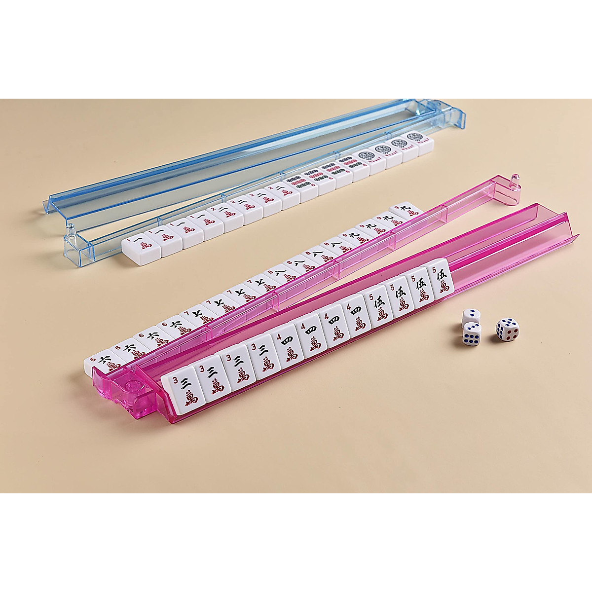 Mose Cafolo American Mahjong Game Set, Pinky Red Carrying Bag,166 Premium White Tiles,4 Color Racks/Pushers,100 Chips,1 Wind Indicator,Western Mahjong Tiles Set,Complete Ma Jong Set