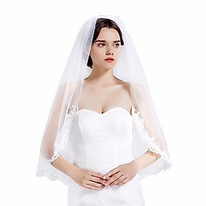 BEAUTELICATE Wedding Bridal Veil with Comb 1 Tier Lace Applique Edge Fingertip Length 36" Ivory