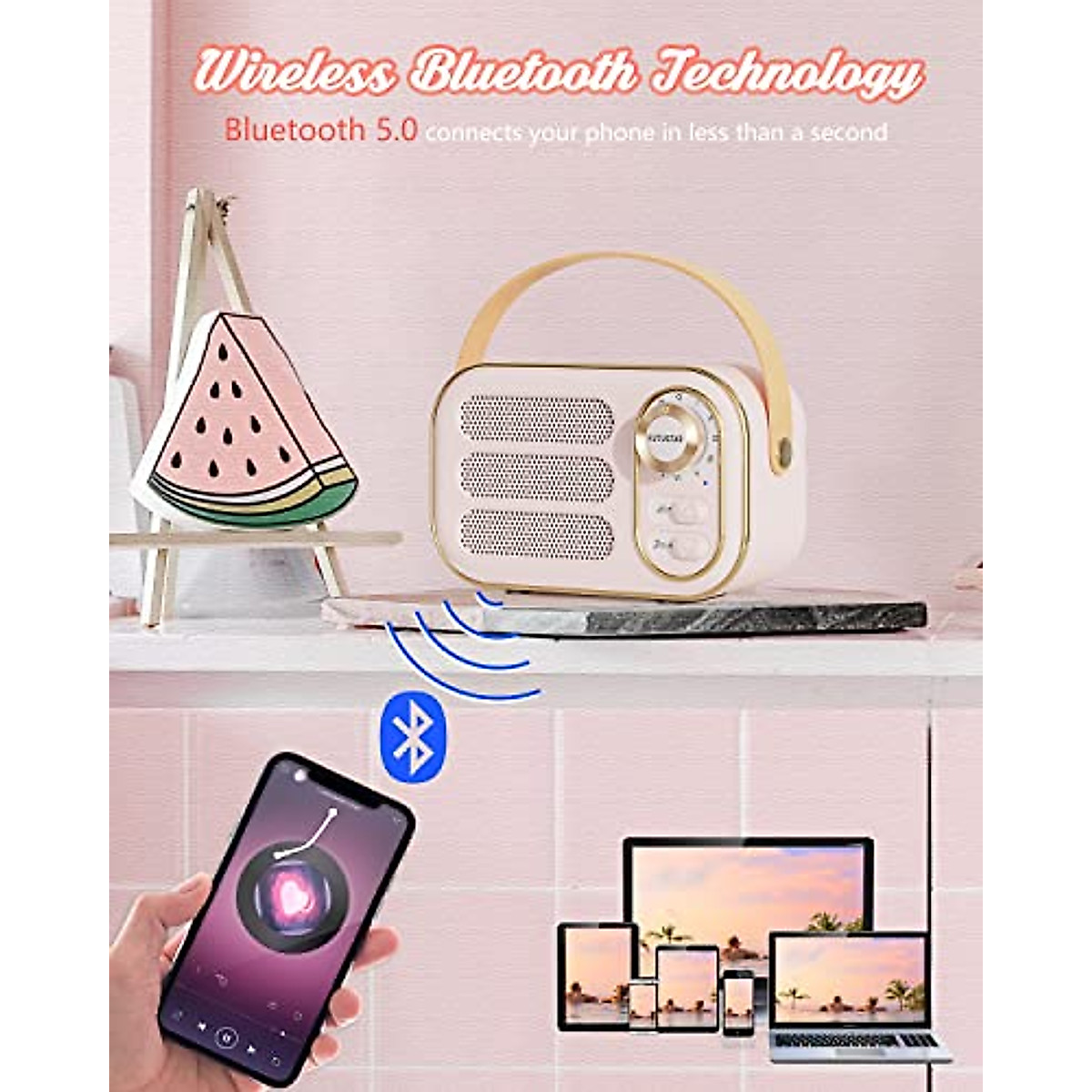 Greadio Retro Bluetooth Speaker, Vintage Speaker with Cute Old Fashion Style, Good Sound, Bluetooth 5.0, TF Card, AUX Input, USB Drive MP3 Player for Home,Outdoor,Travel,Party,Gift (Pink)