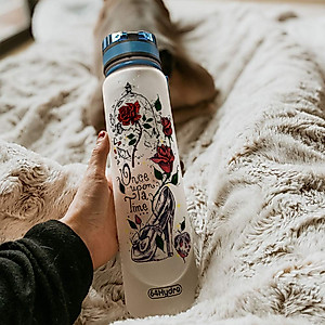 64HYDRO 32oz 1Liter Motivational Water Bottle with Time Marker & Removable Strainer Flip Top Leakproof Durable BPA Free Non-Toxic for Home Work Gym Fitness Sports - Beauty Once Upon A Time Rose