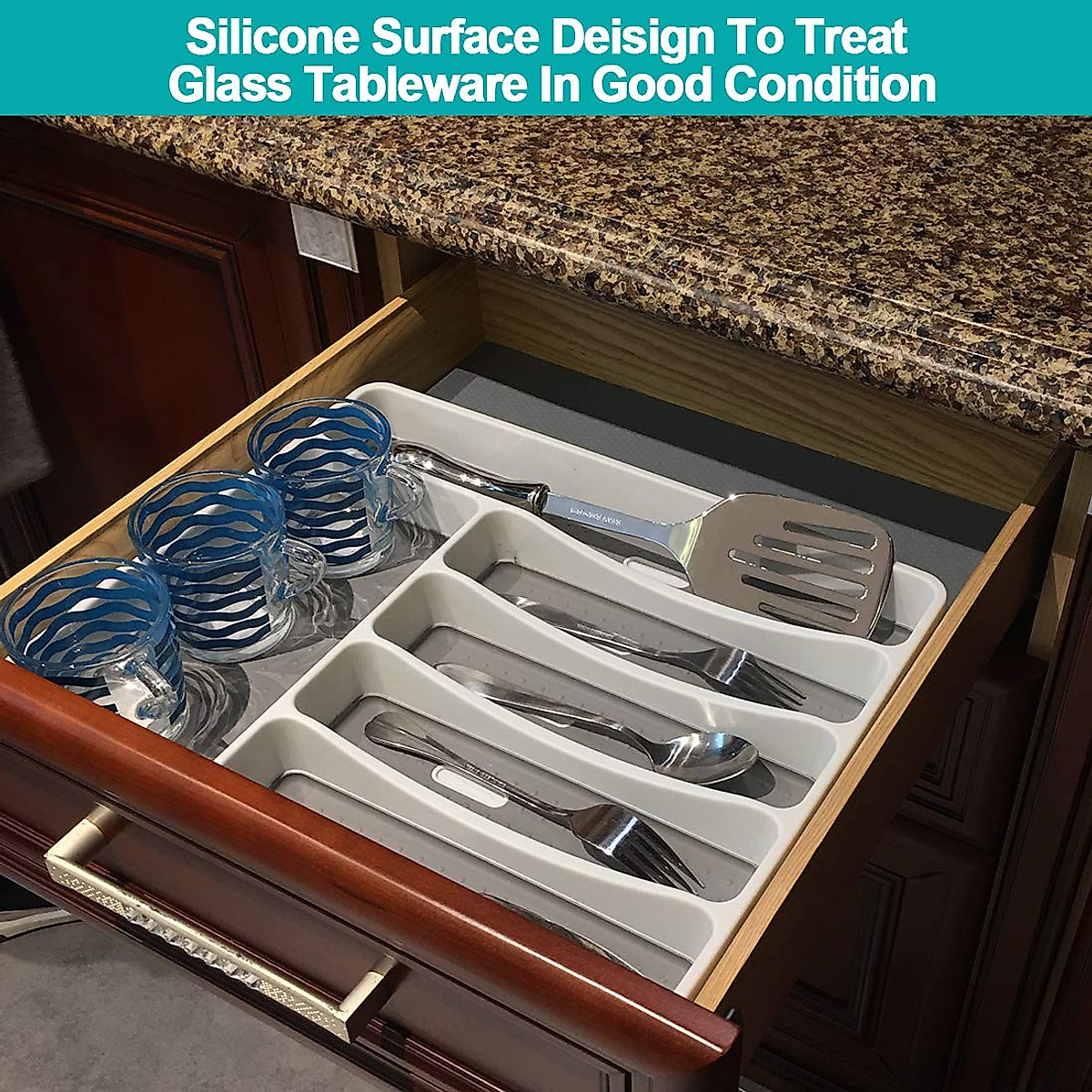SUJUDE Silverware Drawer Organizer - Non Slip Utensil Tray Narrow, Kitchen Cutlery Tray Drawer Organizers Plastic 6 Compartment Gray Tray