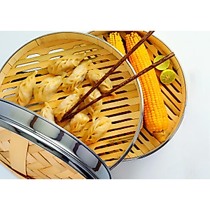 Beyond Gadgets Bamboo Steamer with Steel Reinforcement - 12-Inch 2-Tier Durable & Eco-Friendly Steamer for Healthy Cooking