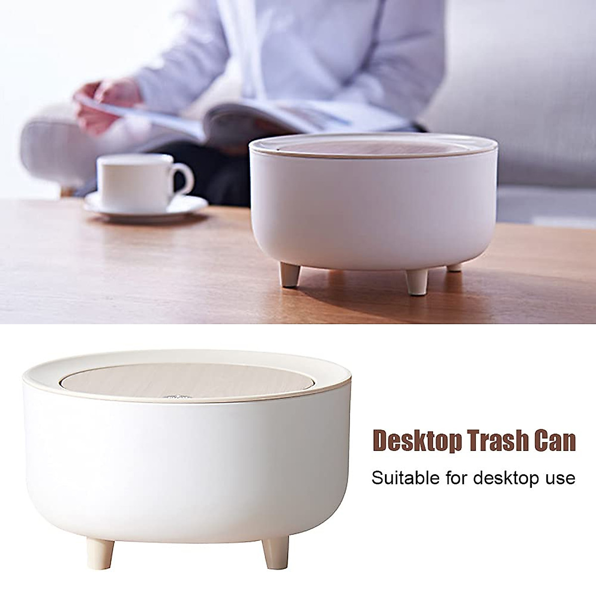 LVOERTUIG Desktop Trash Can with Lid,2L Press-Type Mini Trash Can,Portable Desk Rubbish Bin Bed Office Trash Can Waste Basket Compact Covered Closable Trash Bin(White)