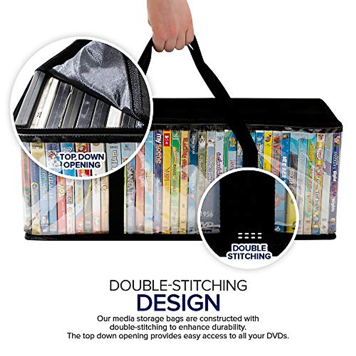 Stock Your Home DVD Storage Bags (Set of 6) Media Organizer Bag for DVDs, CDs, Blu Ray Disc, Movie Cases, VHS Box, Video Game Disks, Clear Plastic Holders with Carrying Handles and Zipper - Black