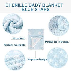 Little Grape Land Chenille Baby Blanket,Baby Blankets for Boys Gilrs Newborn,Soft Fuzzy Warm Swaddle Receiving Blanket Toddler Blanker for Crib Stroller Infant Nursery,40x30 Inches(Blue Stars)