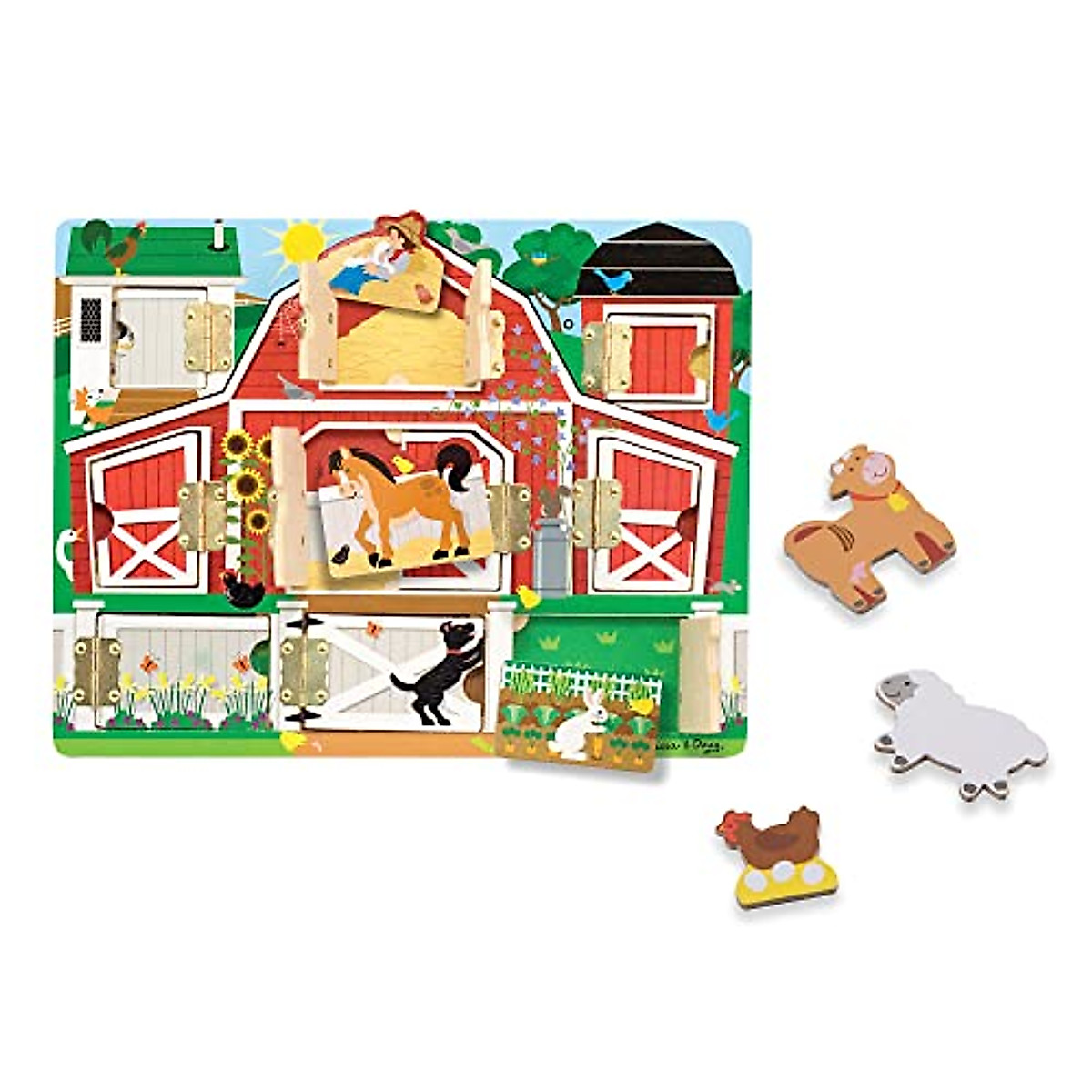 Melissa & Doug Hide and Seek Farm Wooden Activity Board With Barnyard Animal Magnets - Wooden Busy Board, Hide And Seek Puzzles, Wooden Magnet Puzzles For Toddlers And Kids Ages 3+