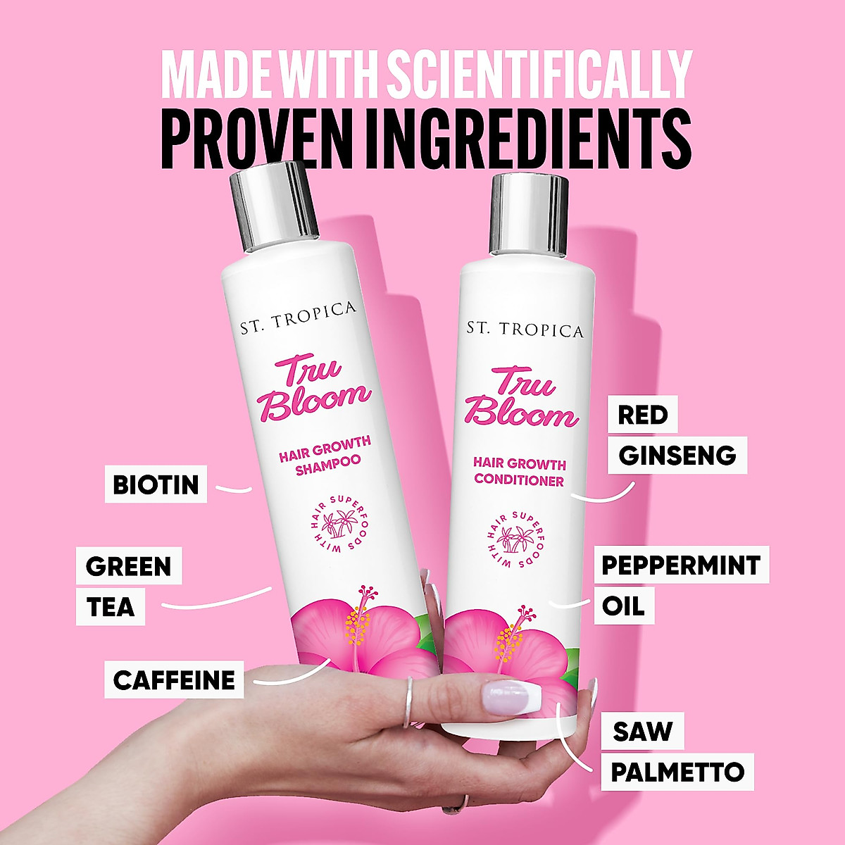 Tru Bloom Hair Growth Shampoo and Conditioner 10oz Set - To Combat Hair Loss & Hair Thinning | With Scientifically Proven ingredients like Biotin, Caffeine, Peppermint Oil, Saw Palmetto & Red Ginseng