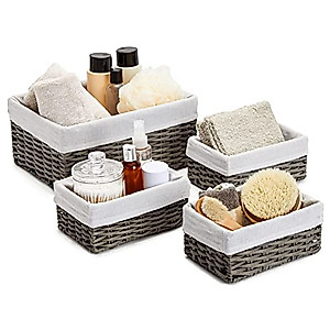 Set of 4 Wicker Storage Baskets with Liners for Shelves, Decorative Woven Nesting Bins for Organizing Pantry, 2 Sizes (Grey)