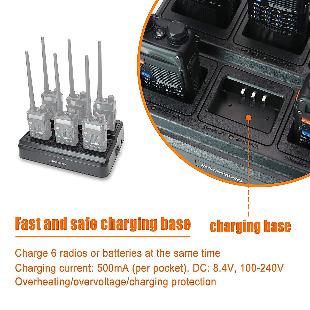 BAOFENG UV-5R Six-Way Charger Multi-Unit Charger Station for BF-F8HP UV-5R UV-5RE UV-5R Retevis RT-5R RT-5RV Mirkit UV-5R MK4 Walkie Talkie and Battery(1Pack)