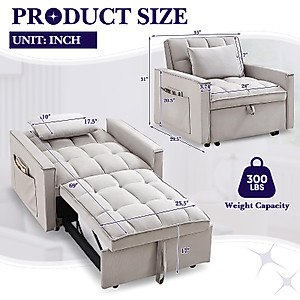 Sleeper Sofa Chair Bed, Convertible Velvet Single Pull Out Sofa Chair, Modern Tufted Living Room Reading Chair with Adjustable Backrest/Pillow for Small Spaces, Apartment, Office, Grey