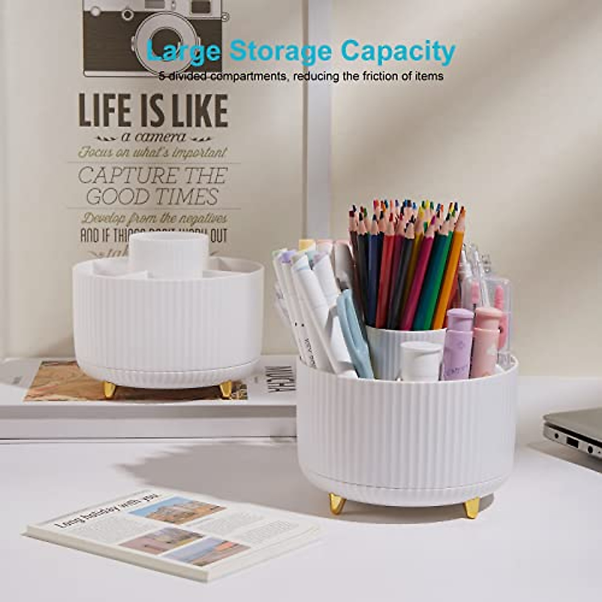 Lolocor Desk Pencil Pen Holder, 5 Slots 360 Degree Rotating Desk Organizers Pencil Pen Organizers for Desk Desktop Storage Stationery Supplies Pencil Cup Pot for Office School Home Art Supply White