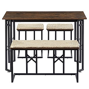 VECELO 43.3" Farmhouse Room Sets for 4 with 3 Benches WickerKnot Mats, Adjustable Feets Metal Frame Space-Saving Coffee Table for Home Kitchen Dining, Brown, 43.3in