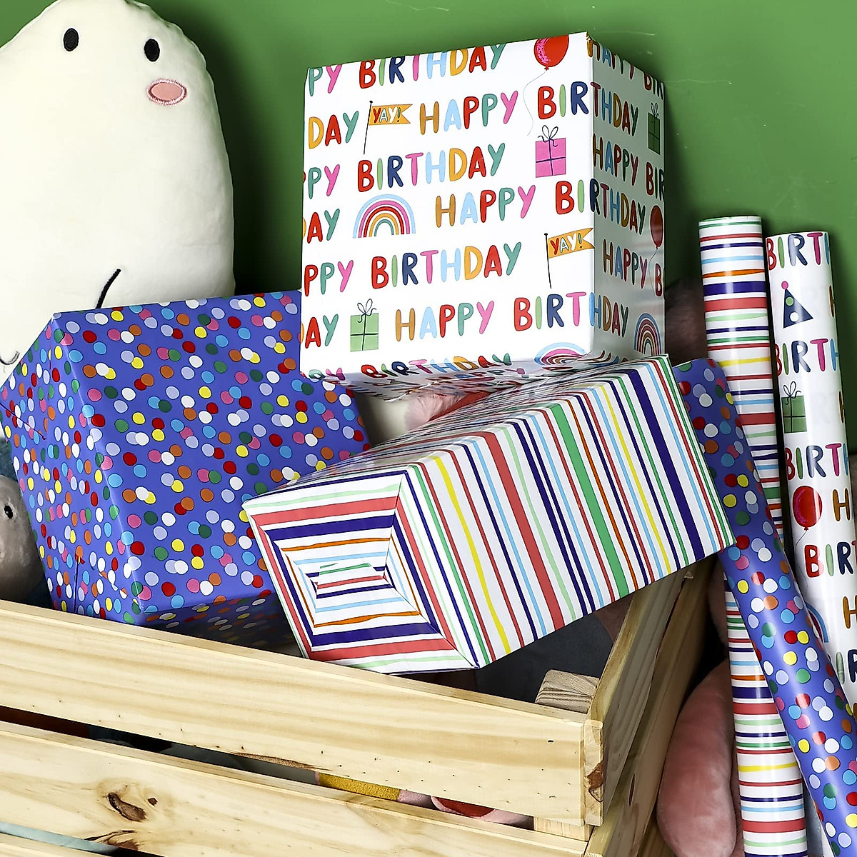 MAYPLUSS Birthday Wrapping Paper Roll - Mini Roll - 17 inch X 120 inch Per roll - Polka dots, Stripes Patterns (42.3 sq.ft.ttl)