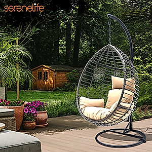 SereneLife Hanging Egg Indoor Outdoor Patio Wicker Rattan Lounge Chair with Stand, Steel Frame, UV Resistant Washable Cushions for Garden Backyard Deck Sunroom, Black+Brown