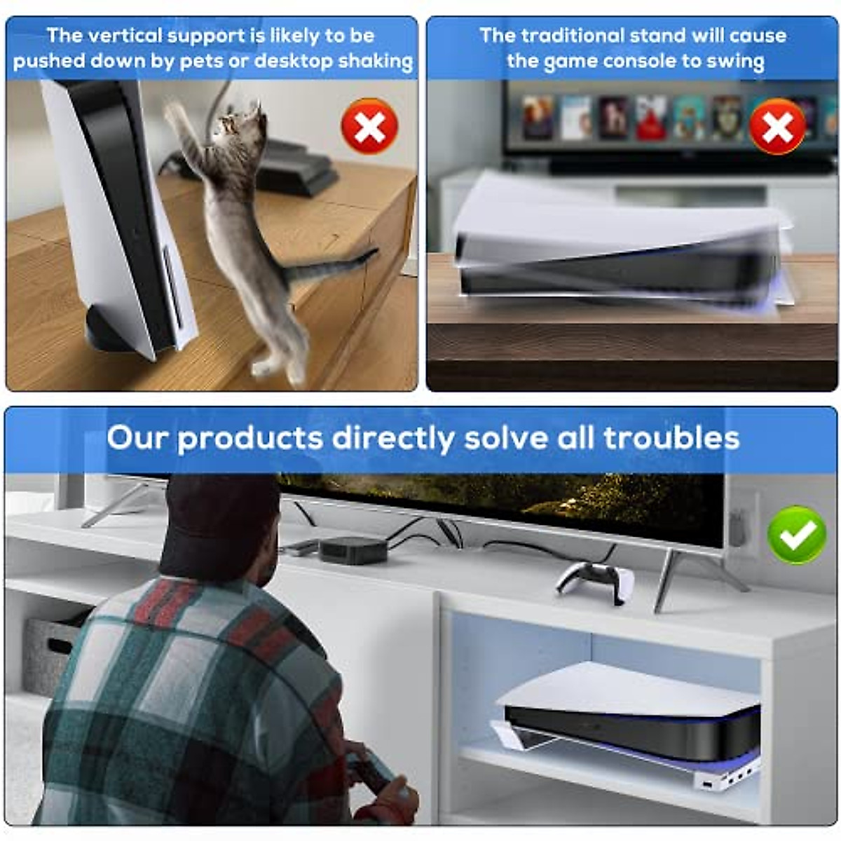 FASTSNAIL Horizontal Stand for PS5 with 4 USB Extension, Cabinet Console Laydown Holder with Charging Data USB Hub, Accessories Stand Compaitble with Playstation 5 Disc & Digital Edition Console