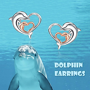 Dolphin Earrings Gifts for Women 925 Sterling Silver Gold Plated Eternal Love Heart Double Dolphin Stud Earrings Christmas Gifts for Women Girls (Rose gold dolphin earrings)