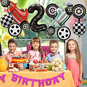 Number 2 Race Car Balloons, 43 Inch Race Car Party Decorations, Wheel Tire Balloons, Black and White Checkered Foil Balloons, Car Balloons for Boys 2nd Birthday Party Decoration - Pack of 9