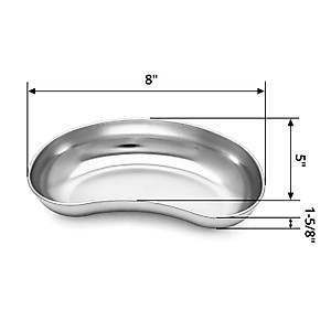 QWORK 2Pcs 8" Stainless Steel Kidney Tray, Kidney Shaped Emesis Basin, Dental Lab Instruments Surgical Trays, Reusable Metal Kidney Dish,for Soiled Dressings, Medic Waster