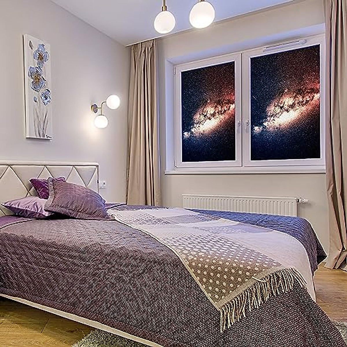 IOACIY Privacy Window Film Frosted Glass Sticker for Home Office Static Anti-UV Window Paper Decorative Window Covering for Bathroom (Universe Outer Space Starry Sky Red Blue-71, 17.7" x 23.6")