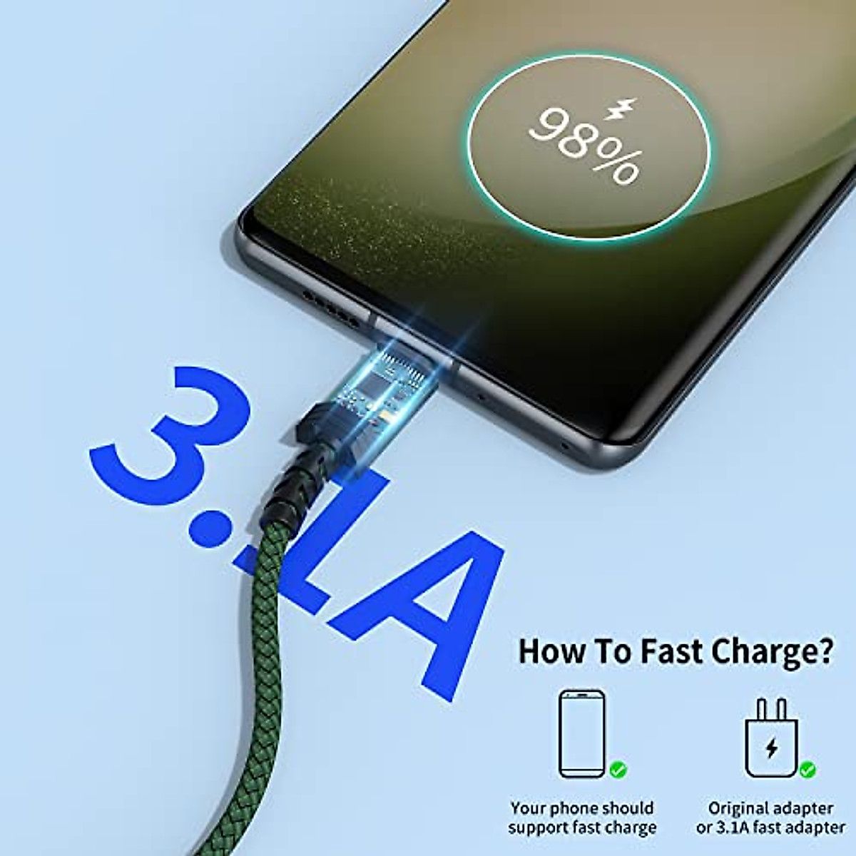 Car Carplay Cable for iPhone 15 15 Pro Max 15 Plus Cable, (3.3ft 2-Pack) USB A to USB C 3A Fast Charging Braided Charge Cord Compatible with Samsung Galaxy S20 S10 S9 S8 Plus,USB C Charger(Green)