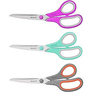 Scissors, iBayam 8" Multipurpose Scissors Bulk 3-Pack, Ultra Sharp Blade Shears, Comfort-Grip Handles, Sturdy Sharp Scissors for Office Home School Sewing Fabric Craft Supplies, Right/Left Hand