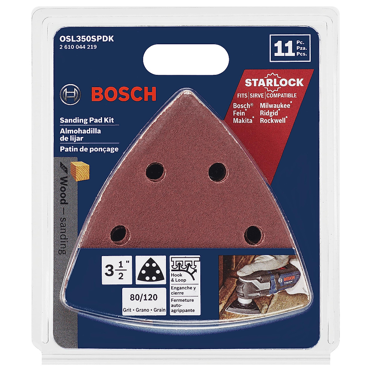 BOSCH OSL350SPDK 11-Piece 3-1/2 In. Starlock Oscillating Multi Tool 80 & 120 Grit Hook-and-Loop Delta Sanding Pad Assorted Kit for Multipurpose Sanding Applications in Plywood, Hardwoods, Softwoods