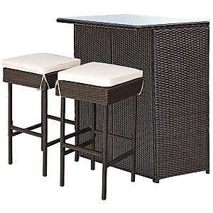 Tangkula Patio Bar Set, 3 Piece Outdoor Rattan Wicker Bar Set with 2 Cushions Stools & Glass Top Table, Outdoor Furniture Set for Patios Backyards Porches Gardens Poolside (Beige)