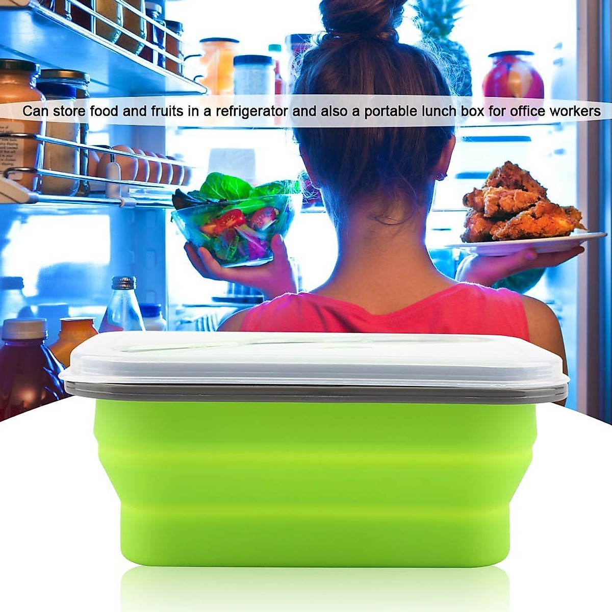 Aramox Lunch Box, 600ml Silicone Collapsible Portable Lunch Box Bowl Folding Food Storage Container Microwave Box (Green)