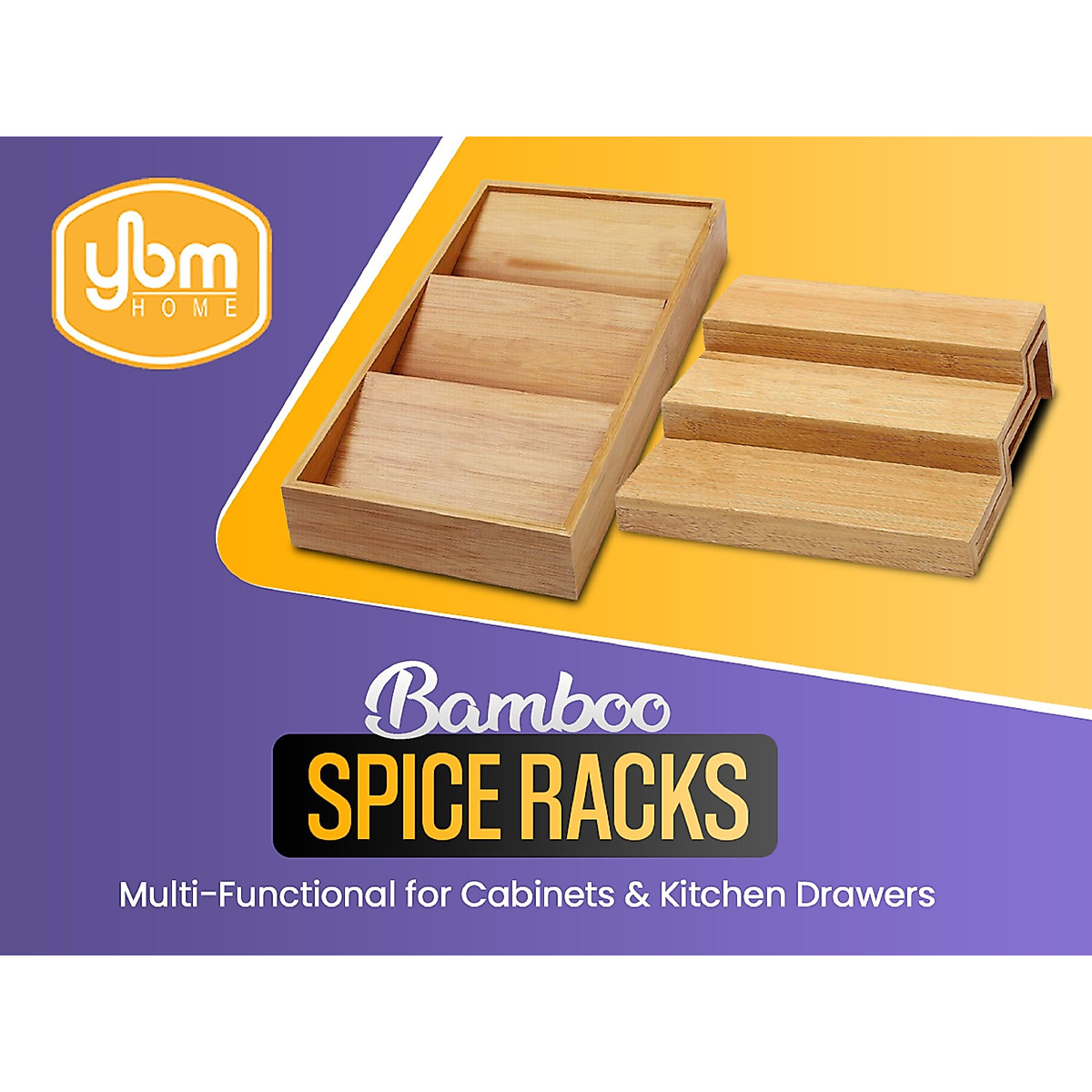 YBM Home In-Drawer 3-Tier Bamboo Spice Rack Drawer Organizer Tray for Cabinet and Kitchen Drawers, 3 Slanted Tiers for Garlic, Salt, Pepper, Seasonings, Spice Jars, and More, 316