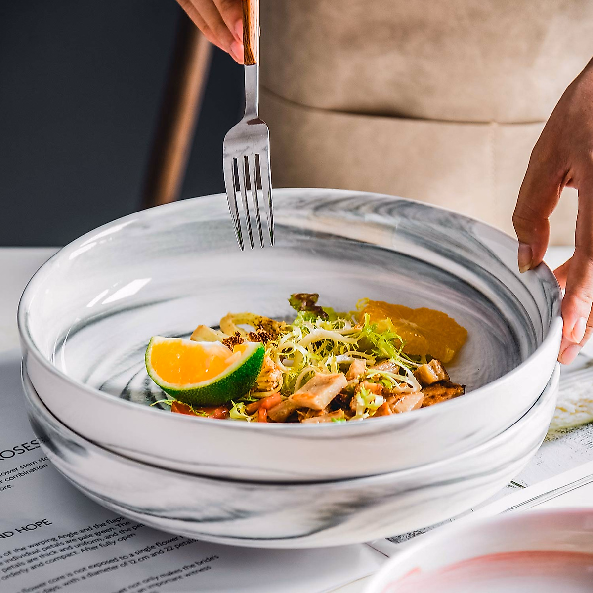 Yundu Porcelain 28 Ounce Pasta bowl Set,Salad bowls,Serving Bowls,Set of 4,Grey Marbled