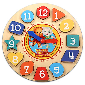Daniel Tiger Clock Puzzle Shape Sorting Game for Toddlers, Kids ~ 4 Pc Learning Toy Bundle with Daniel Tiger Wooden Clock, Stickers, and More (Daniel Tiger Wood Toys)
