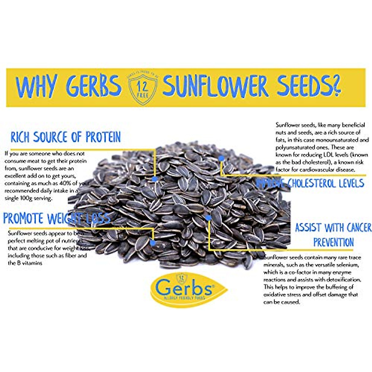 GERBS Unsalted Roasted Whole Sunflower Seed In Shell 1 lb., Top 14 Allergy Free Foods, Healthy Superfood Snack, Non GMO, Dry Roast, No Oils, No Preservatives, Resealable Bag, Gluten Free, Peanut Free, Vegan, Keto, Kosher