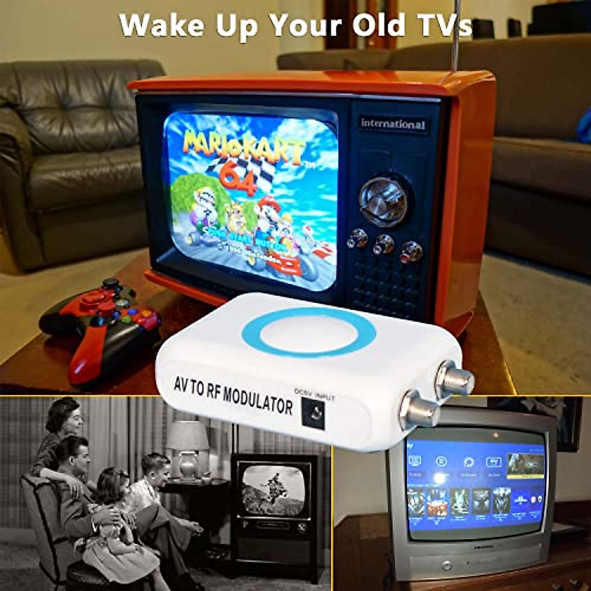 RF Modulator RCA Coaxial Adapter VHF Demodulator Converter w/Antenna (ANT) in/Out & Channel Switch for Roku Fire Stick PS3 PS4 PS5 DVD VCRs Cable Box AV Composite Video to Analog NTSC Coax Old TV
