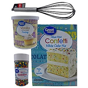 Confetti Cake or Cupcake Bundle Set Featuring Great Value Deluxe Moist Confetti White Cake Mix, Vanilla Flavored Frosting, Confetti Decorating Sprinkles And A Silicone Coated Whisk. Bake Up Some Colorful And Tasty Fun At A Great Value!
