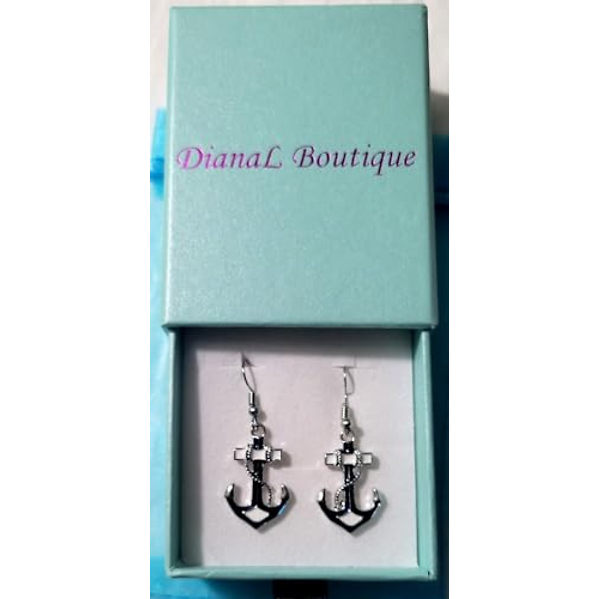 DianaL Boutique Beautiful Silvertone Nautical Anchor Earrings Enameled Gift Boxed Fashion Jewelry