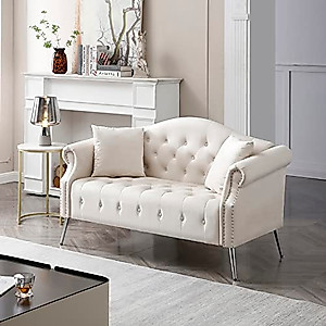 Homtique Sofa Set for Living Room 2 Piece, Modern Velvet Loveseat Sofa Set Upholstered Button Tufted Nailhead Trimming Rolled Arm and Metal Legs, Velvet Sofa Couch with 4 Pillows(Beige)