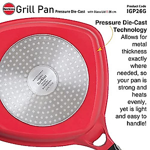 Hawkins 26 cm Grill Pan, Non Stick Die Cast Grilling Pan with Glass Lid, Square Grill Pan for Gas Stove, Ceramic Coated Pan, Roast Pan, Red (IGP26G)