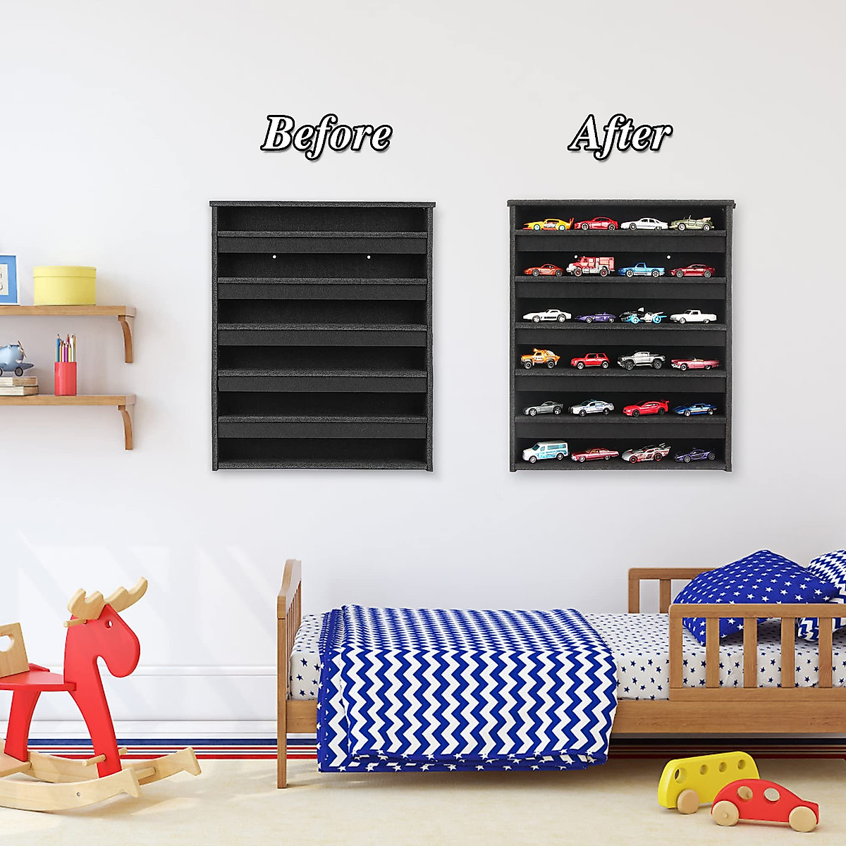 KISLANE Assemblable Kids Display Case Compatible with Toy Cars, Display Case Fit for Toy Cars Case & Matchbox Cars, Wall-Mounted Storage Organizer Case (Black)