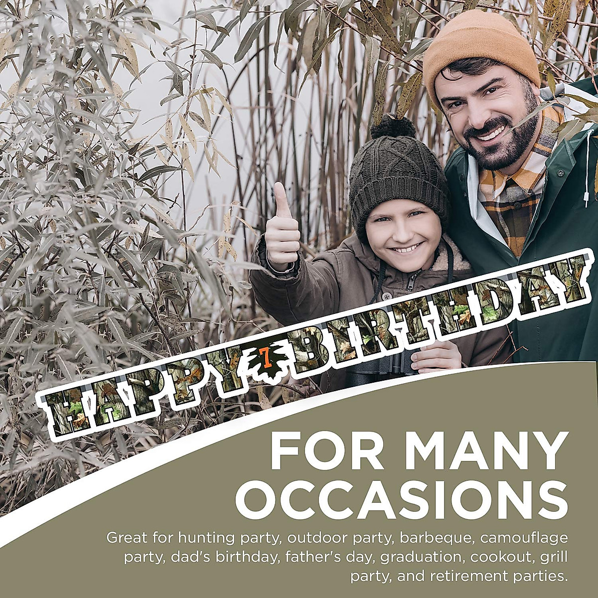 Havercamp Next Camo Happy Birthday Party Banner | 1 Count | Great for Hunter Themed Party, Camouflage, Rustic, Nature, Military, Kids Birthday Party